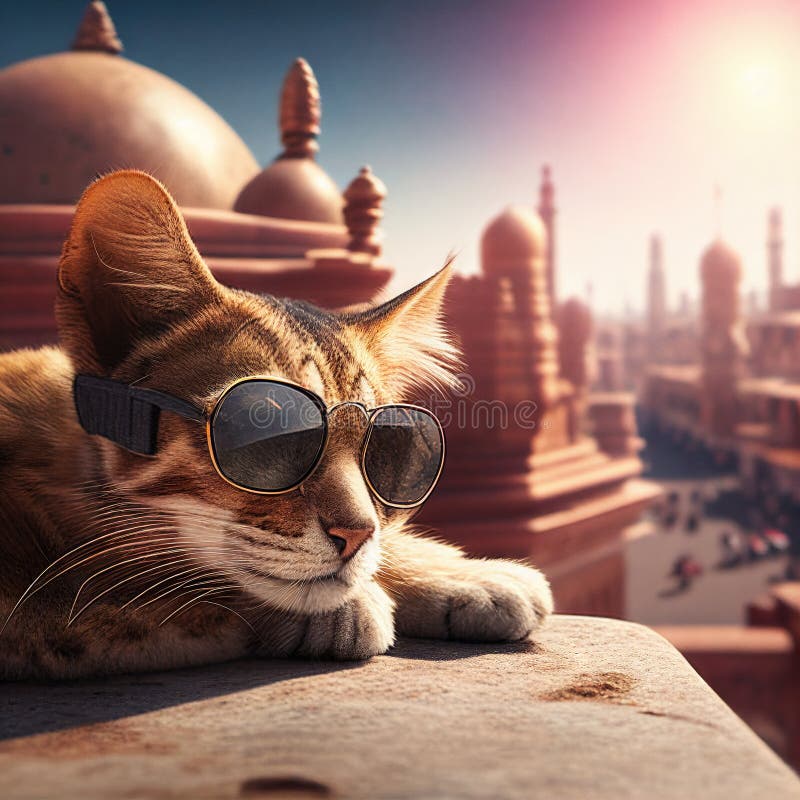 A Cat With Fashion Sunglasses Travel To India Generative Ai Stock Image
