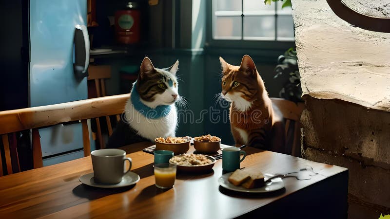 Dinner for Cats: Eat at the Table Stock Illustration - Illustration of ...