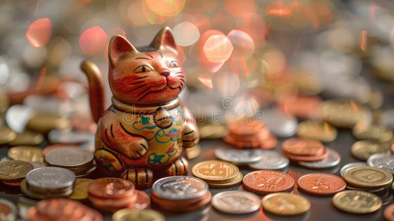 Cat Figurines on Gold Coins. Selective Focus Stock Illustration ...