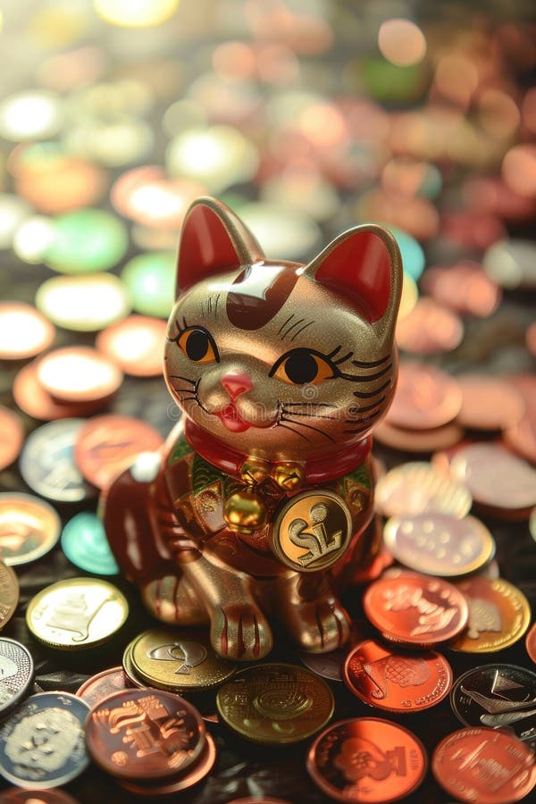 Cat Figurines on Gold Coins. Selective Focus Stock Illustration ...