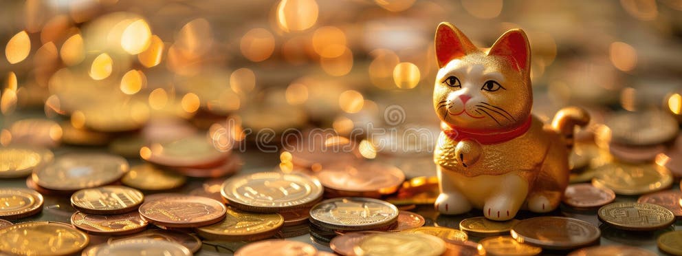 Cat Figurines on Gold Coins. Selective Focus Stock Illustration ...