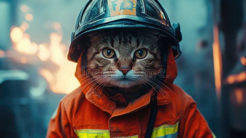 Cat in firefighter costume stock photo. Image of animal - 378589114