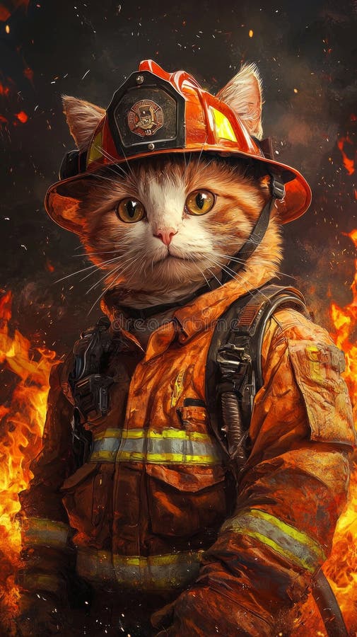 Cat Firefighter in Orange Gear Amidst Flames Stock Illustration ...