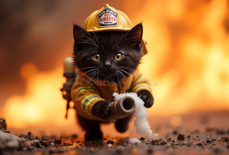 A Cat in a Firefighter Uniform Puts Out a Fire Stock Image - Image of ...