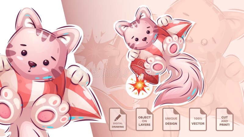 Cat in the Fireworks - Cute Sticker Stock Vector - Illustration of ...