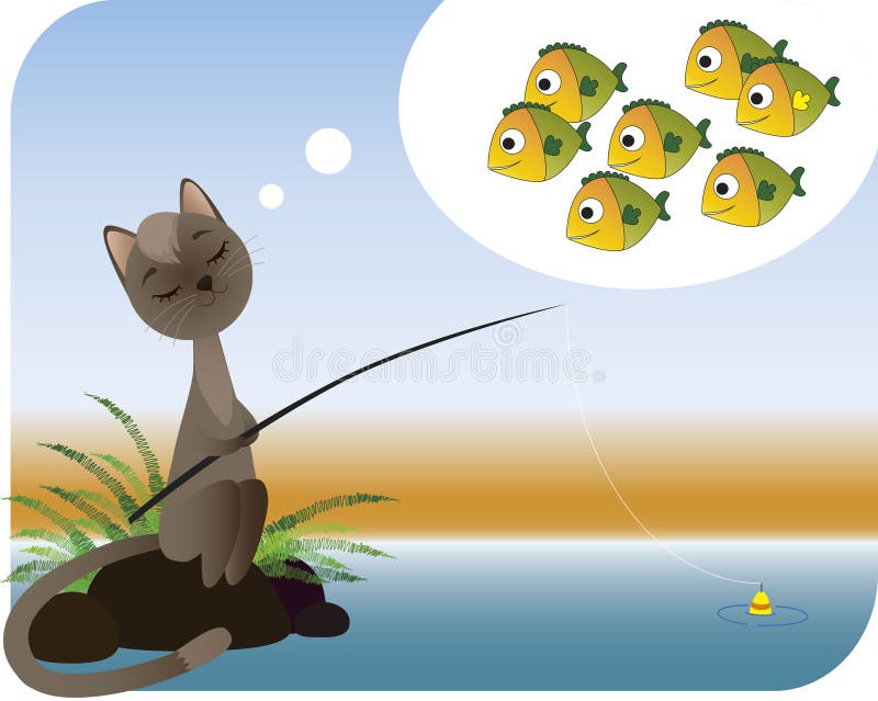 Cute Cartoon Cat Catches a Fish with a Fishing Rod Stock Vector ...