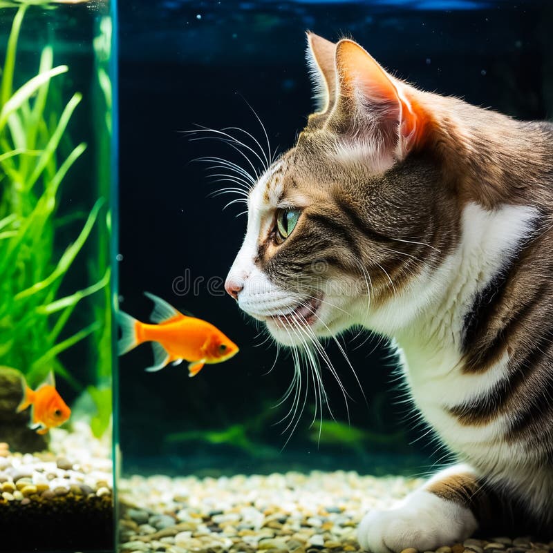 Cat and Fish in an Aquarium. Generative AI Stock Illustration ...