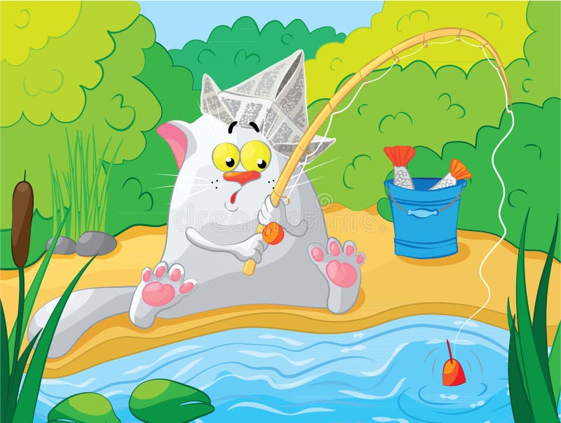 Cat Fishing on the River. Vector Illustration. Stock Vector ...