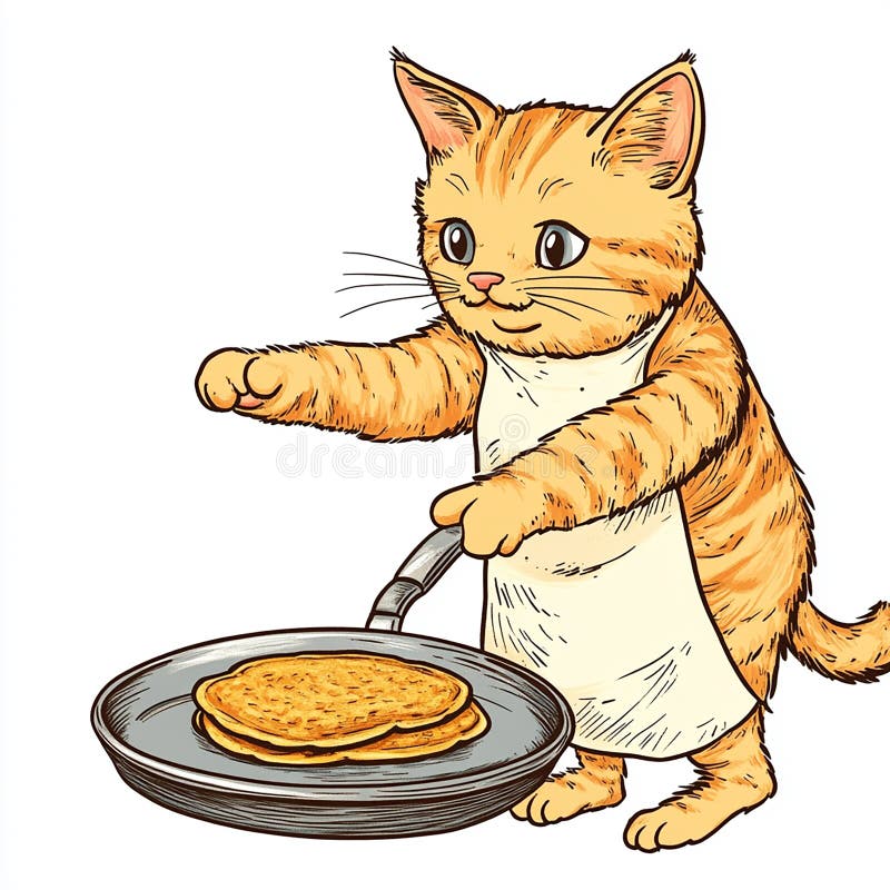 Cat Flipping Pancakes in a Frying Pan Stock Illustration - Illustration ...