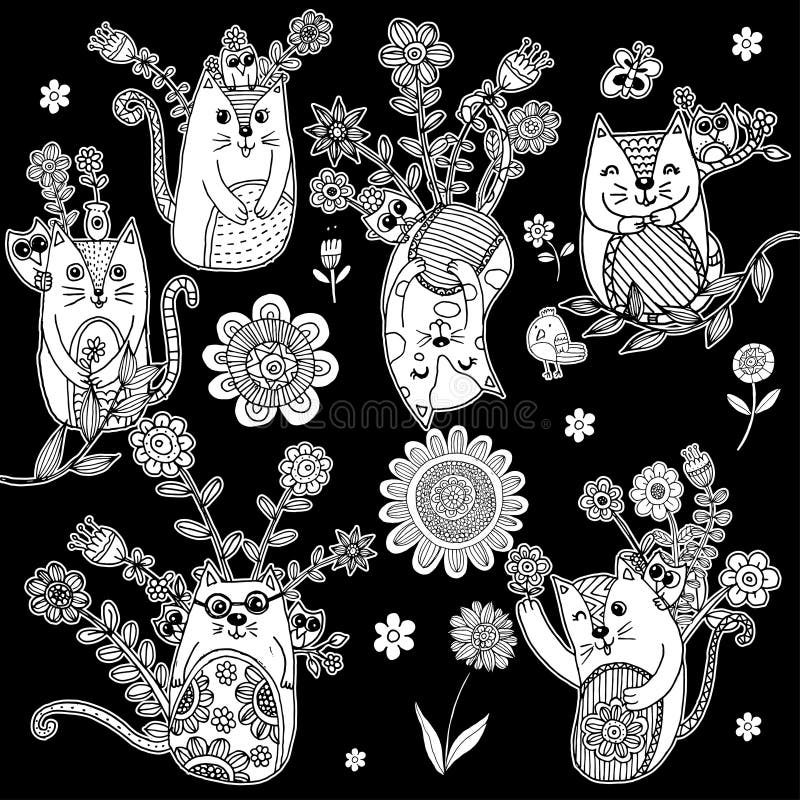 Cat with Flower Doodle Free Hand Vector Stock Vector - Illustration of ...