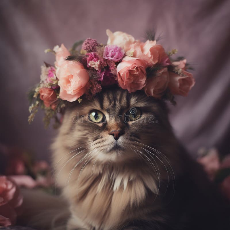 Cat with Flower Wreath on Head. Realistic Portrait. Generative AI Stock ...