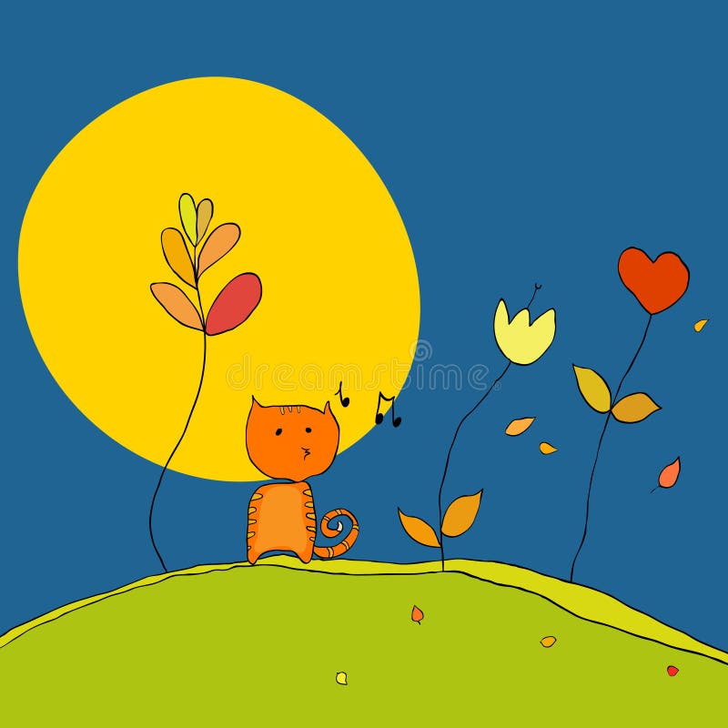 Cat, flowers,moon stock vector. Illustration of sing - 21278047