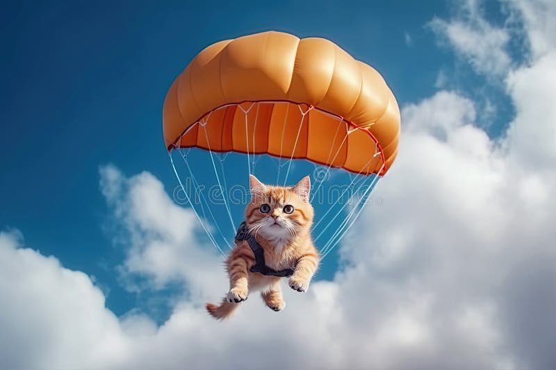 Cat is Flying on a Parachute in Sky. Generative AI Illustration Stock ...