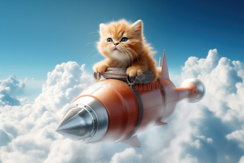 Cat Flying on a Rocket on Bright Sky Stock Illustration - Illustration ...