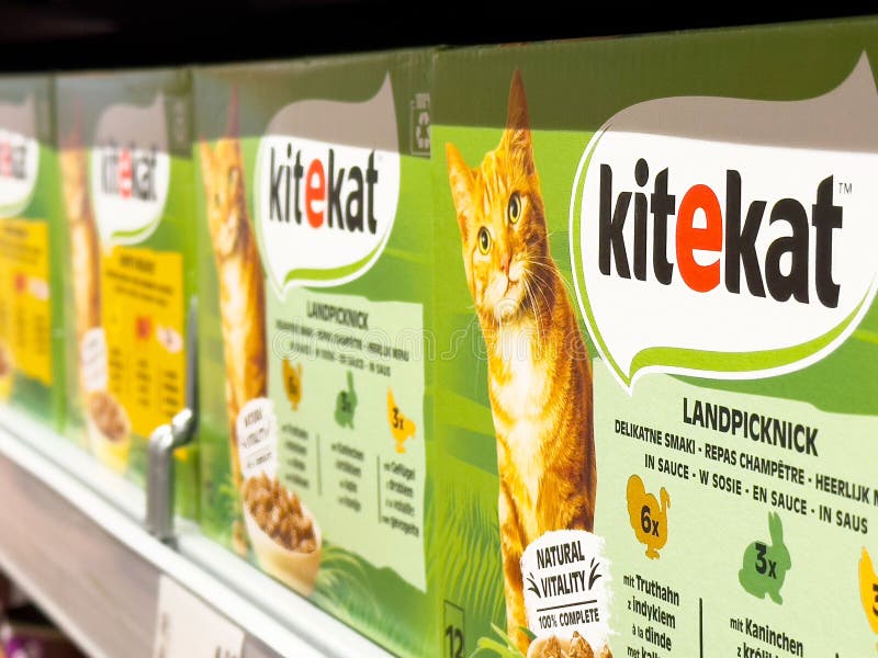 Cat Food Packaging on Store Shelf with Kitekat Brand in Focus Editorial ...