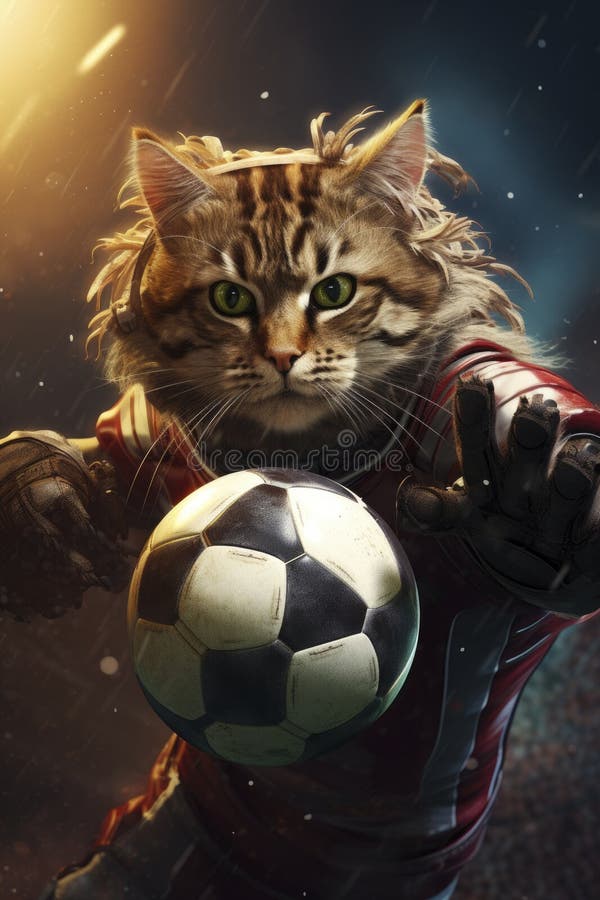 Cat Football Goalkeeper Capturing the Ball, Generative Ai Stock ...