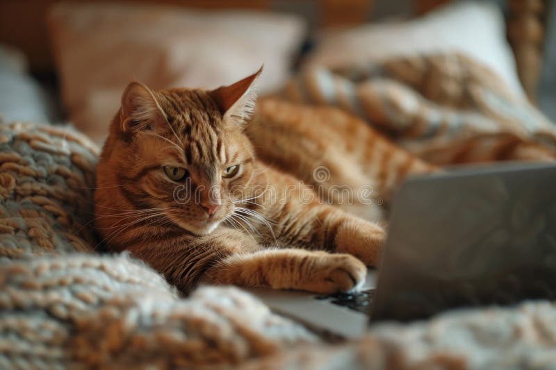 Cat Freelancer Working on Laptop at Home, Remote Work Concept Stock ...