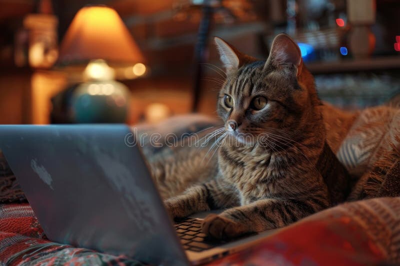 Cat Freelancer Working on Laptop at Home, Remote Work Concept Stock ...