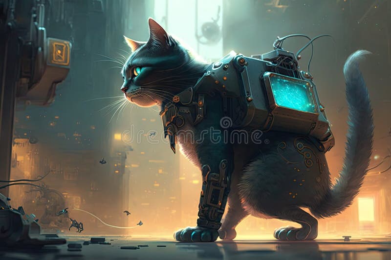 Cat in a Futuristic Setting, with Robotic Leg and Sci-fi Surroundings ...