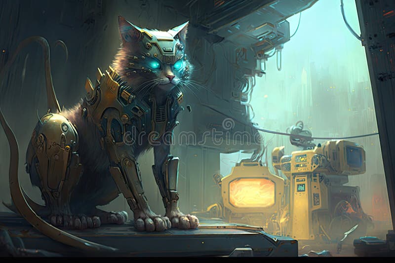 Cat in a Futuristic Setting, with Robotic Leg and Sci-fi Surroundings ...