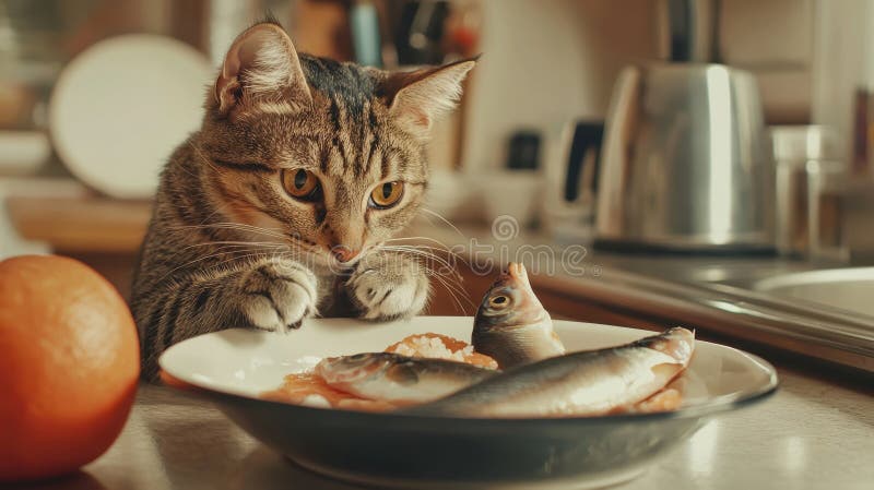 A Cat Gazing at a Fish Placed on a White Plate in a Bright Indoor ...