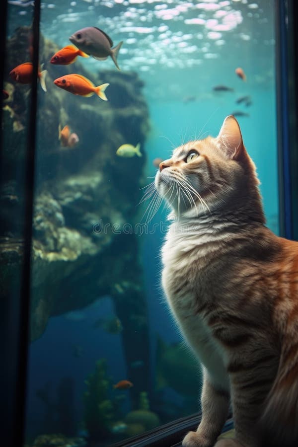 Cat Gazing at a Fish Tank, Underwater Perspective Stock Illustration ...
