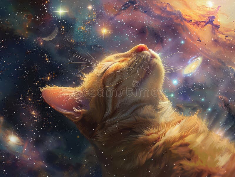 A Cat Gazing Up at a Starry Sky with a Galaxy Above Stock Illustration ...