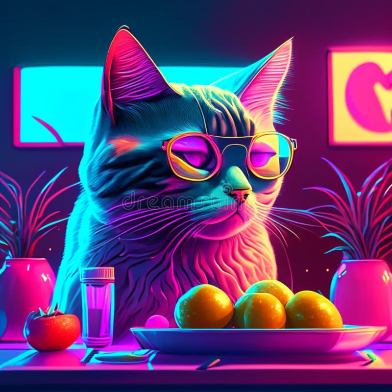 Cat In Glasses On The Background Of A Table With Oranges 3d Illustration Ai Generated Stock