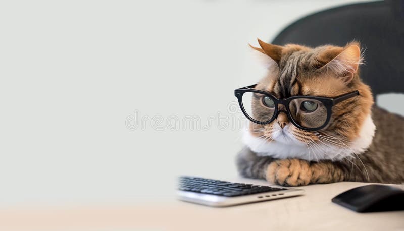 Cat in Glasses Behind a Computer Keyboard. Banner. Copy Space ...