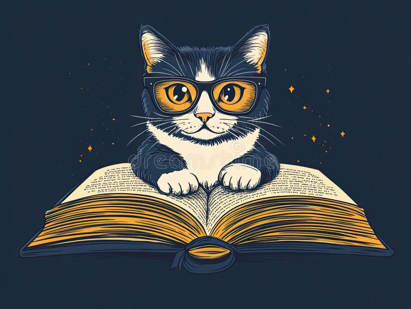 Cat with Glasses on a Book Cartoon Stock Illustration - Illustration of ...