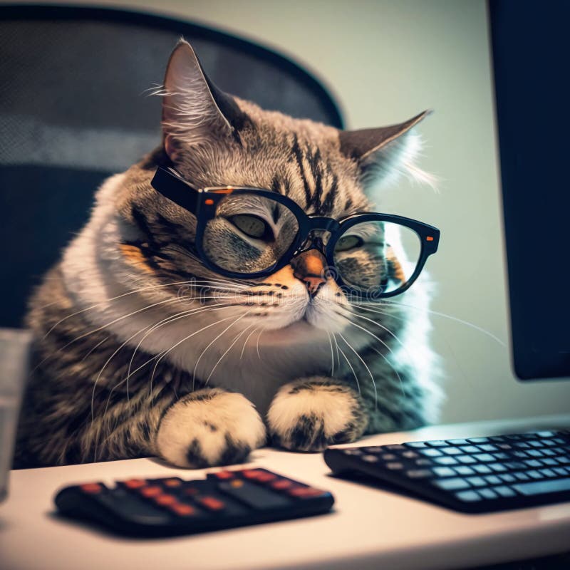 Cat with Glasses at the Computer. Scientist Cat with a Calculator ...