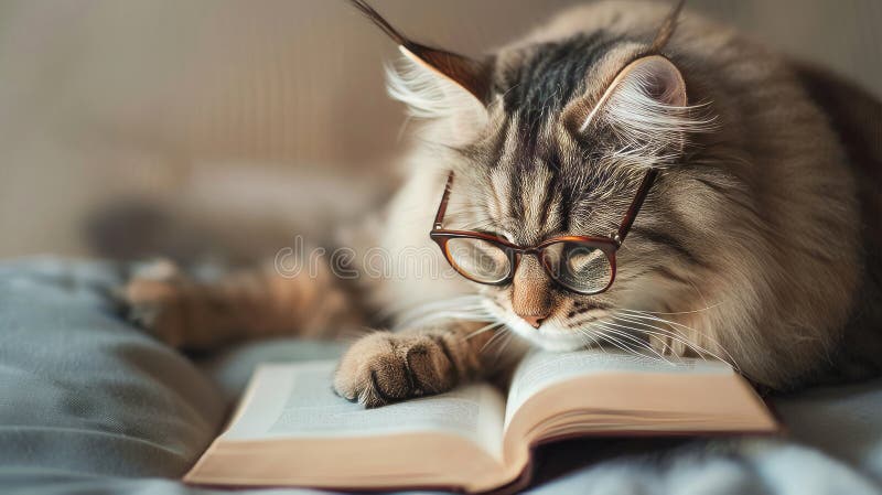 A Cat with Glasses Reading a Book Stock Photo - Image of kitten, sleep ...