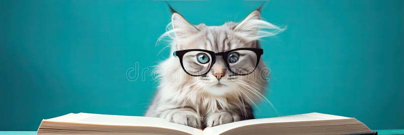Cat in Glasses Reading a Book on Blue Background, we Banner Format ...