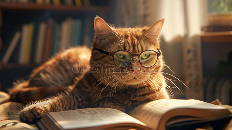 Cat in Glasses Reading a Book Stock Illustration - Illustration of ...