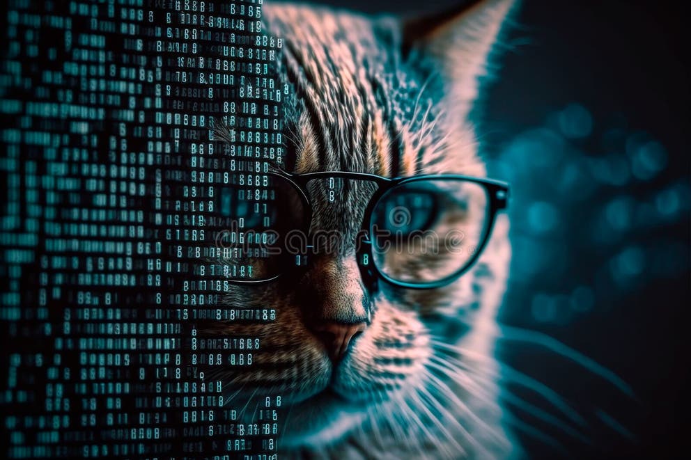 Cat in Glasses with Reflection of Binary Numbers. Programming Concept Stock Illustration ...