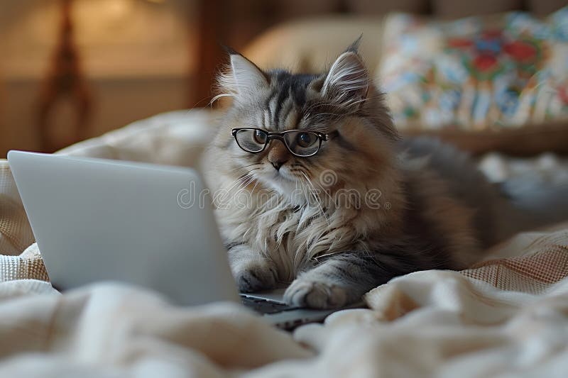 Cat Wearing Glasses Sitting on Bed with Laptop. Generative AI Stock ...