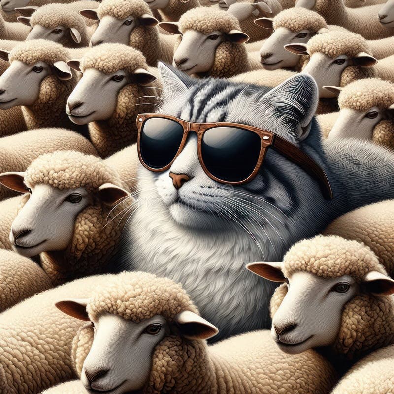 Cat in Glasses among Sheep on a Light Background. Stock Image - Image ...
