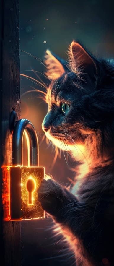 Cat beside a Glowing Digital Padlock, Symbol of Agile Cybersecurity ...