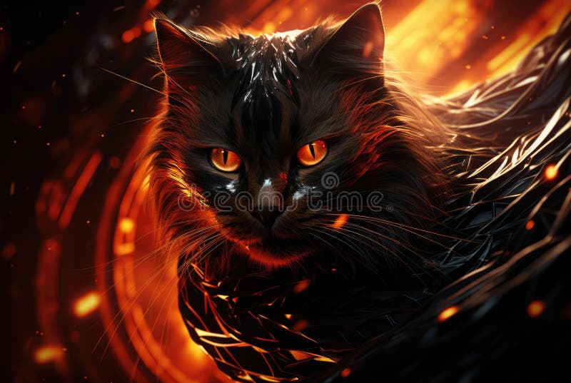 A Cat with Glowing Eyes and Fire on Its Fur, AI Stock Illustration ...