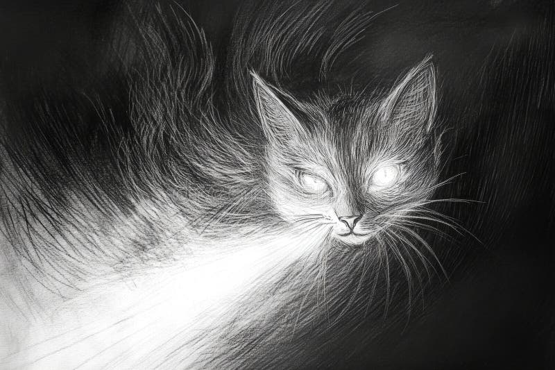 Cat with Glowing Eyes is Shown in a Black and White Drawing Stock ...