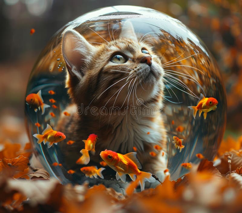 Cat and Goldfish in Fishbowl Stock Image - Image of brown, animal ...