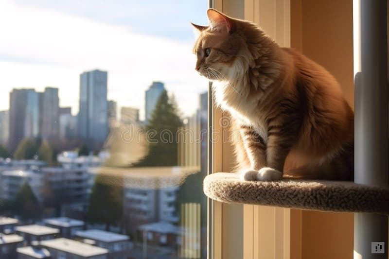 A Cat Gracefully Climbing a Tall Cat Tower Near a Window, Generative Ai ...
