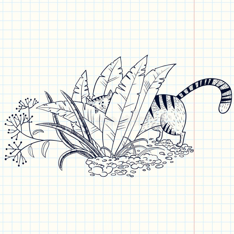 Cat in the grass stock vector. Illustration of painting - 65775771