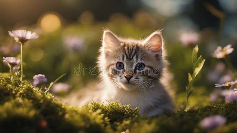 Cat on the Grass a Small, Fluffy Kitten with a Curious Gaze, Nestled in ...