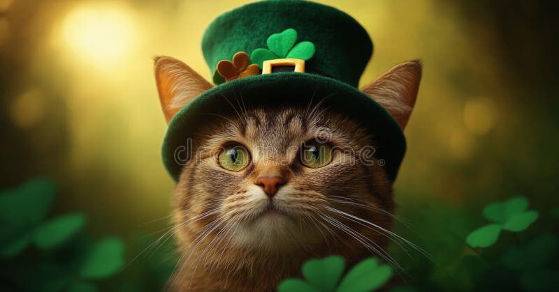 A Cat in a Green Hat with a Three-leaf Clover Stock Illustration ...