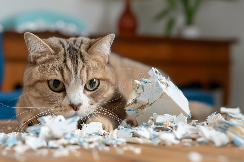 Guilty-looking Cat Knocking Over a Vase Creating a Playful Mess at Home ...