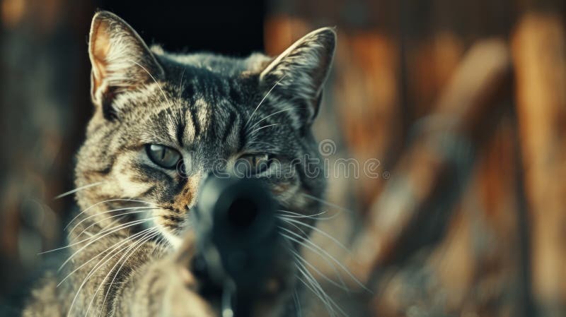 A Cat with a Gun Pointed at the Camera, Looking into it, AI Stock Image ...
