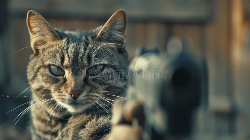 A Cat with a Gun Pointed at it S Face, AI Stock Image - Image of ...