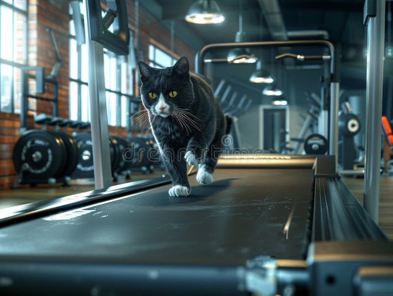 A Cat in the Gym Walks on a Treadmill. Artificial Intelligence. Stock ...