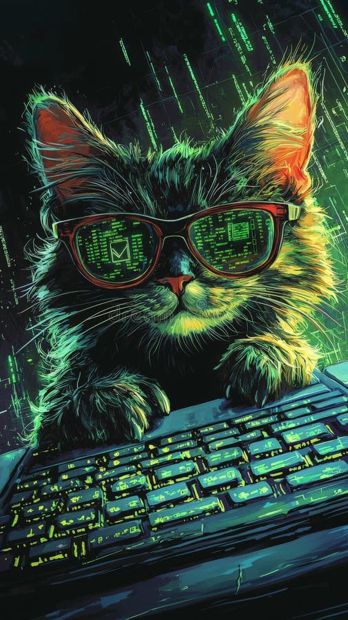 Cat Hacker Illustration with Glasses and Digital Interface Stock Image ...